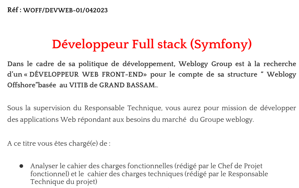 Weblogy Group est à la recherche d’un Développeur Full stack (Symfony ...
