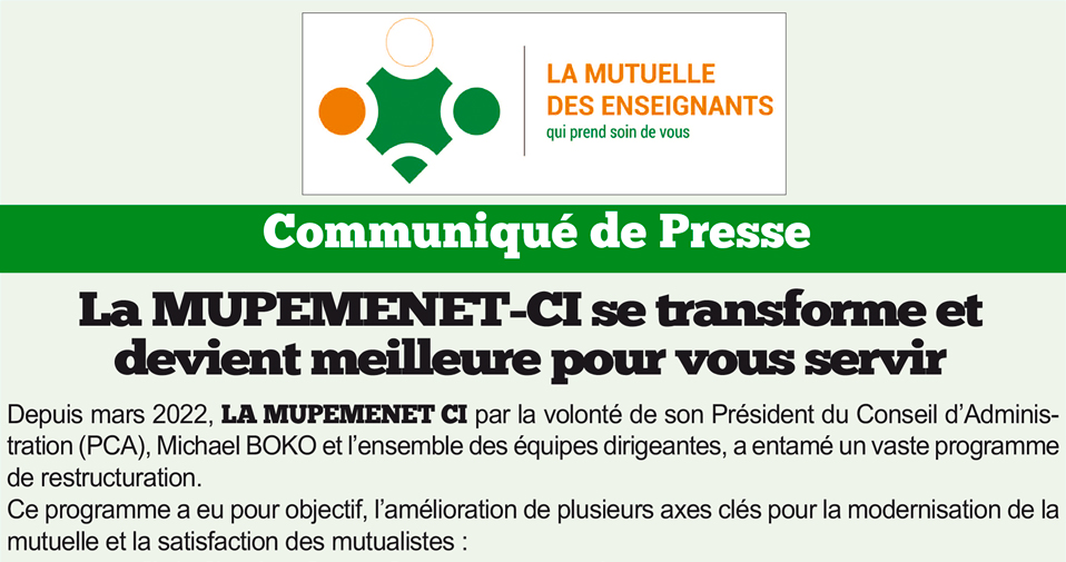 Communiqué MUPEMENET-CI relative à l'Amélioration de plusieurs Axes ...