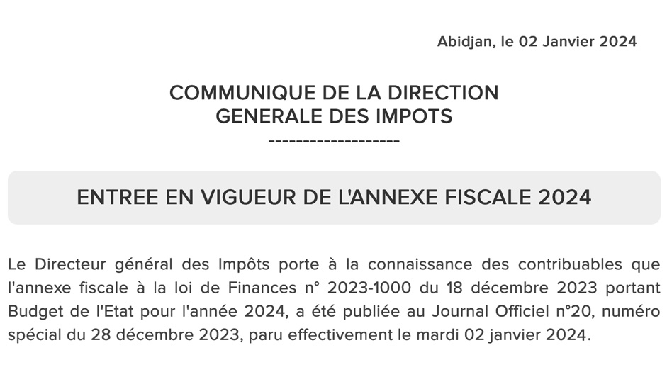 Entrée en Vigueur de l'Annexe Fiscale 2024 - Abidjan.net Communiqué
