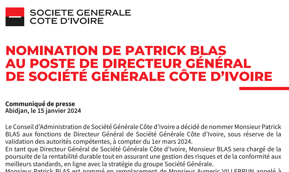 Nomination de Patrick Blas au Poste de Directeur Général de Société ...