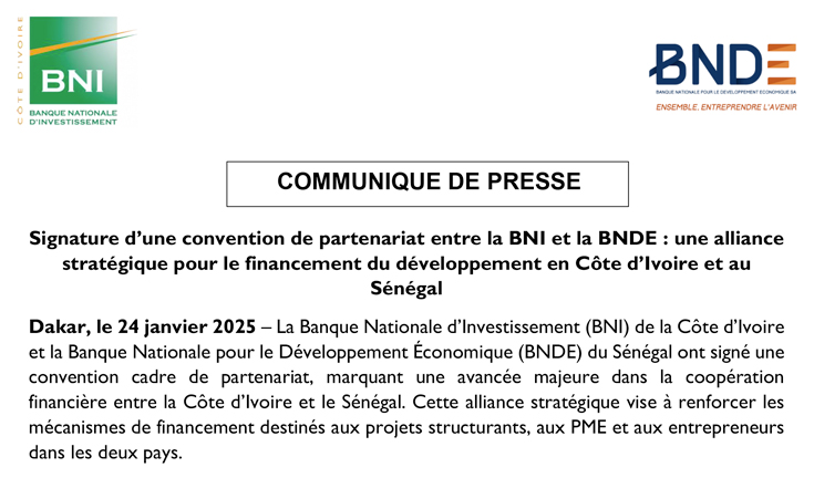 Signature d’une convention de partenariat entre la BNI et la BNDE : une alliance stratégique ...