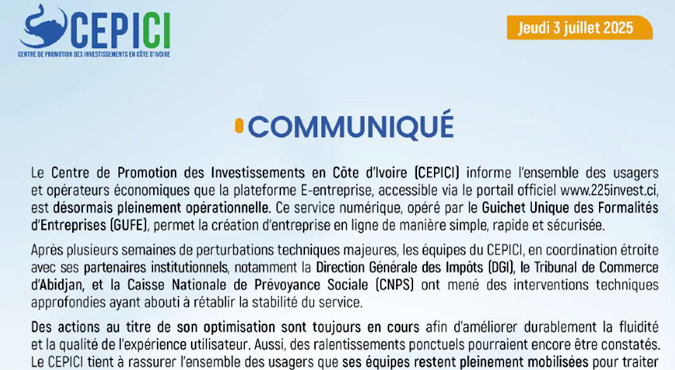 La Plateforme E-entreprise accessible via le portail 225invest.ci est ...