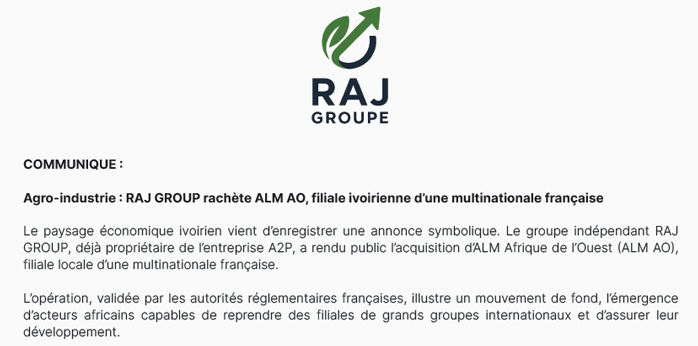 Agro-industrie : RAJ GROUP rachète ALM AO, filiale ivoirienne d’une ...