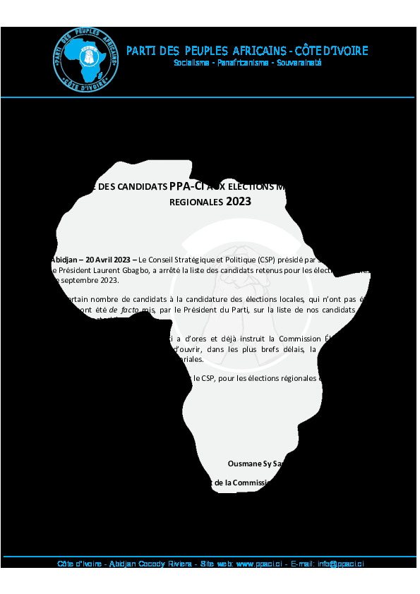 Municipales et régionales 2023: le PPA-CI dévoile la liste de ses candidats (Communiqué ...