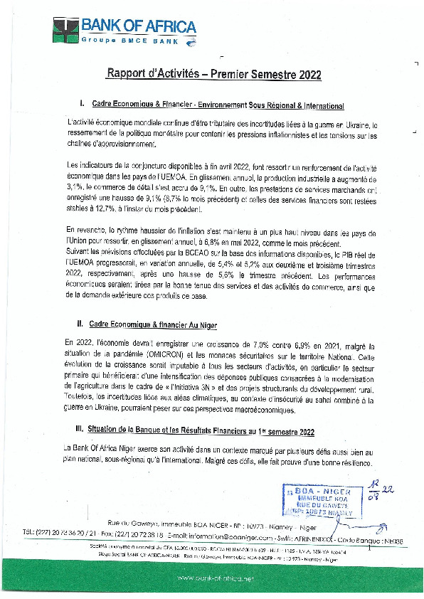 Rapport d'activité 3e trimestre 2022 - BOA SENEGAL - Abidjan.net Documents