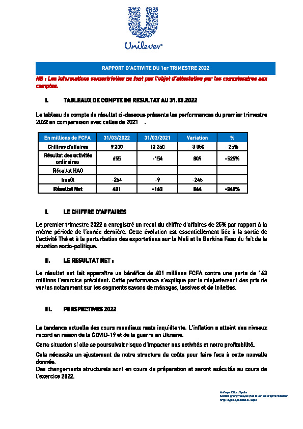 Rapport d'activités - 1er Trimestre 2022 - UNILEVER CI - Abidjan.net Documents