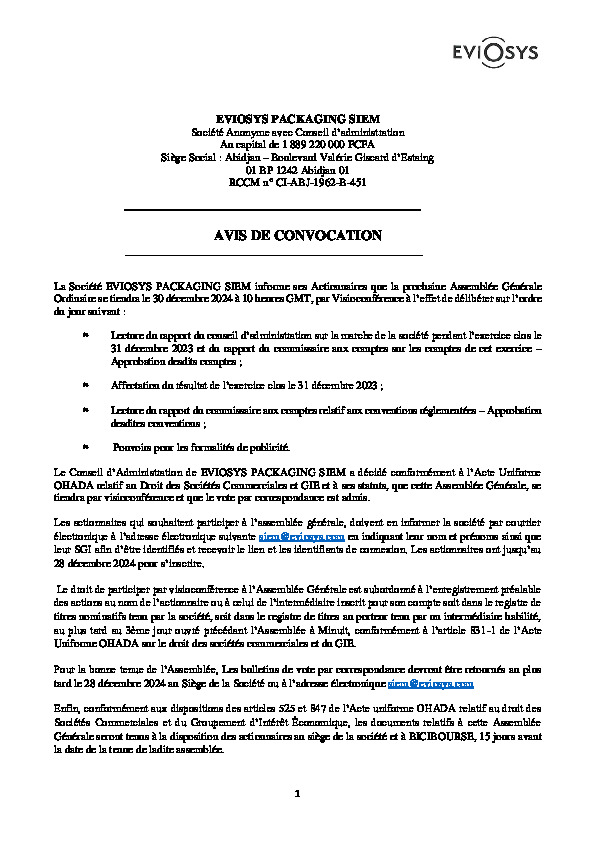 Avis de convocation - Assemblée Générale Ordinaire - EVIOSYS PACKAGING SIEM CI - Abidjan.net ...