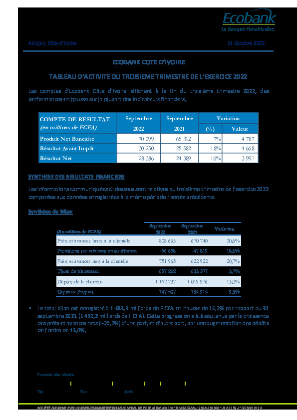 Rapport d'activité - 3ème trimestre 2022 - ECOBANK CI - Abidjan.net Documents