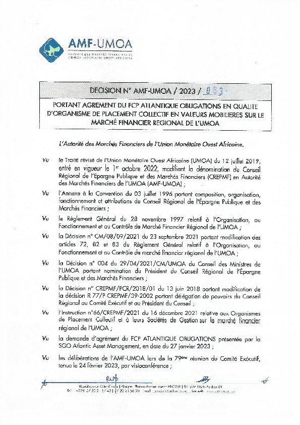 Décision AMF-UMOA/2023/063 - Agrément du FCP ATLANTIQUE OBLIGATIONS en ...