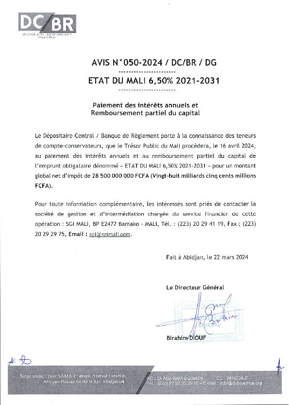Avis N°050/DCBR/2024 – Paiement des intérêts annuels et remboursement partiel du capital - ETAT ...