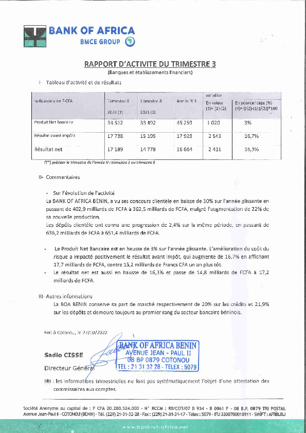 Rapport d'activité - 3ème trimestre 2022 - BOA BN - Abidjan.net Documents