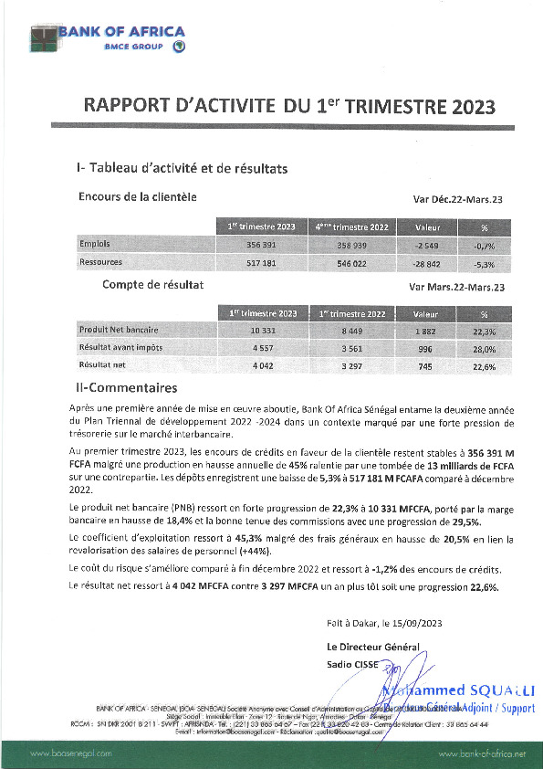 Rapport d’activités du 1er trimestre 2023 - BOA SN - Abidjan.net Documents