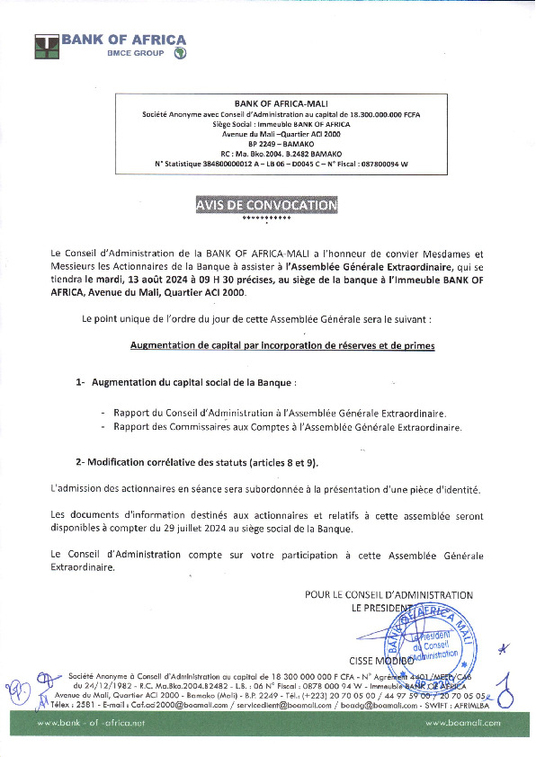 Avis de convocation - Assemblée Générale Extraordinaire - BOA MALI ; - Abidjan.net Documents
