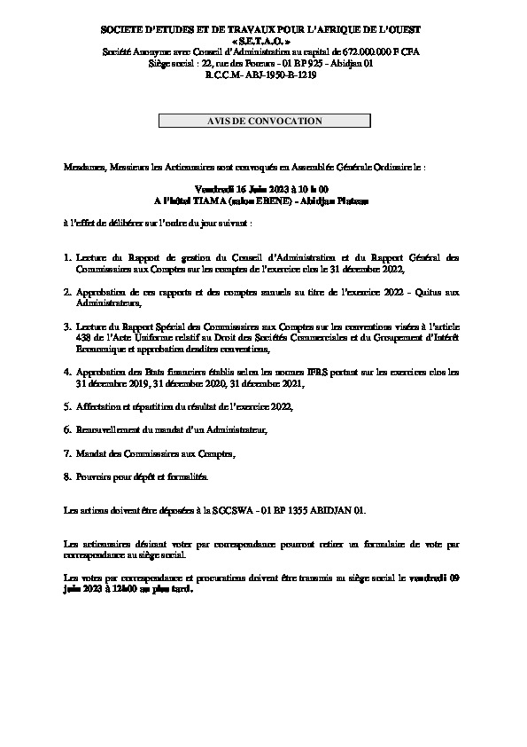 Avis de convocation - Assemblée Générale Ordinaire – SETAO CI - Abidjan.net Documents