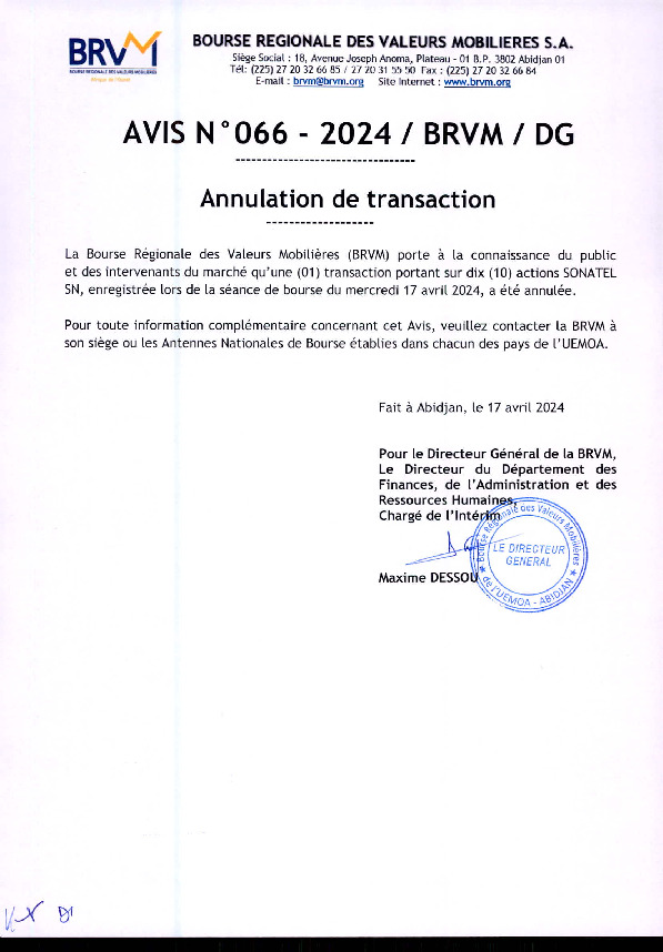 Avis N°066/BRVM/2024 – Annulation de transaction - Abidjan.net Documents