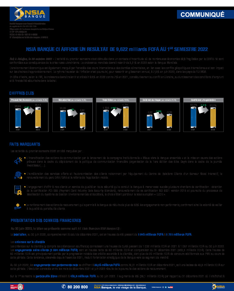 Rapport d'activité - 1er semestre 2022 - NSIA BANQUE CI - Abidjan.net Documents