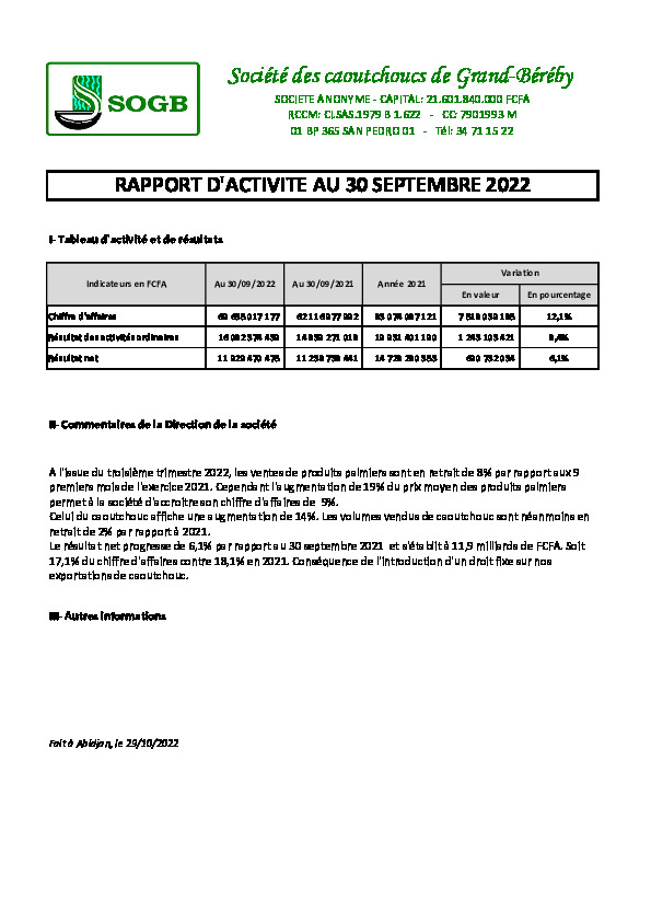 Rapport d'activité - 3ème trimestre 2022 - SOGB CI - Abidjan.net Documents