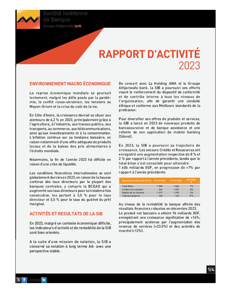 Rapport d'activités annuel - Exercice 2023 - SIB CI ; - Abidjan.net Documents