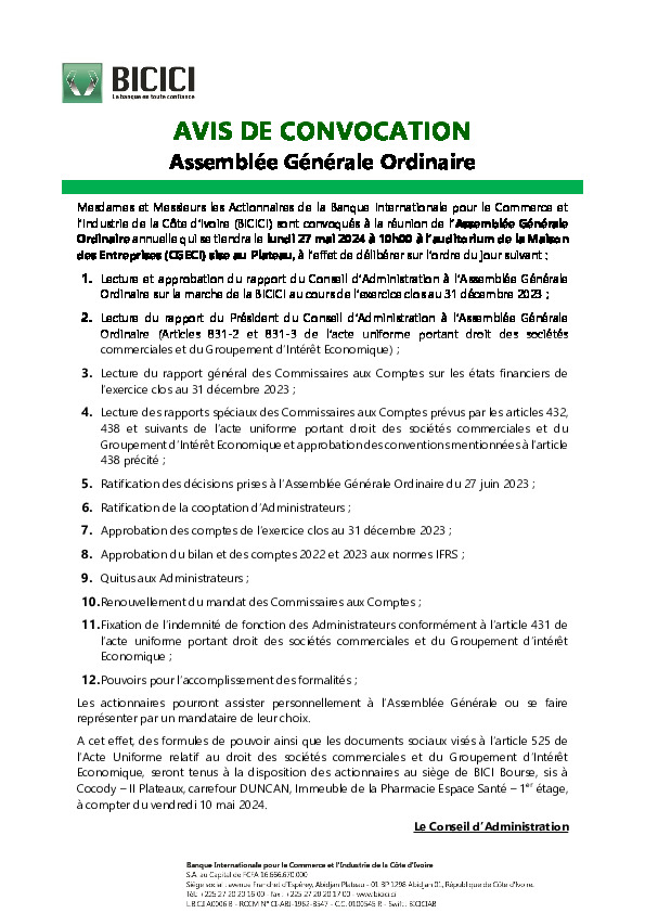 Avis de convocation - Assemblée Générale Ordinaire - BICI CI - Abidjan.net Documents