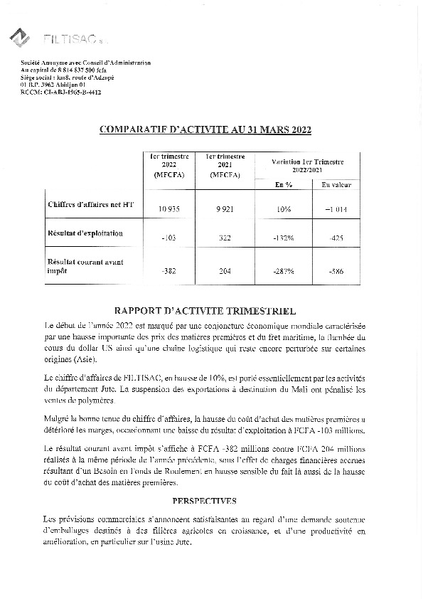 Rapport d'activités - 1er trimestre 2022 - FILTISAC CI - Abidjan.net Documents