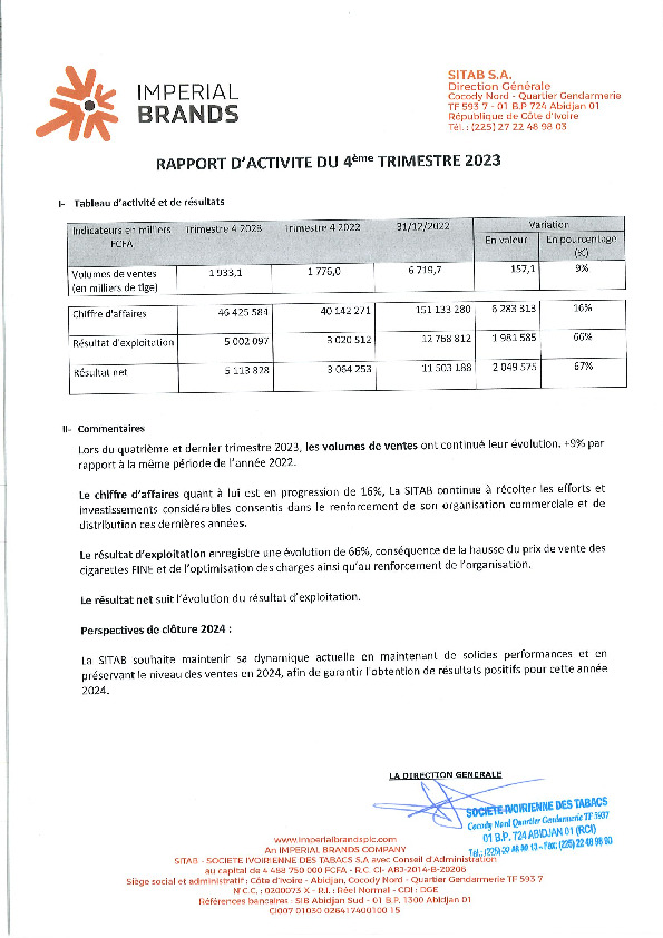 Rapport d'activités - 4ème trimestre 2023 - SITAB CI - Abidjan.net Documents