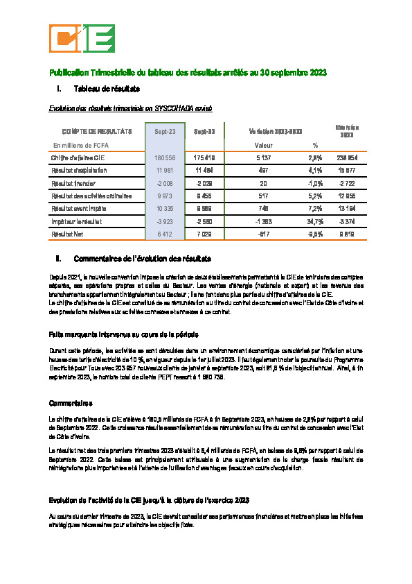 Rapport d'activités - 3ème trimestre 2023 - CIE CI - Abidjan.net Documents