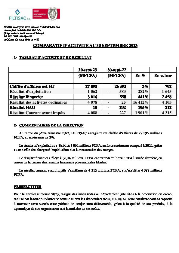 Rapport d'activités - 3ème trimestre 2023 - FILTISAC CI - Abidjan.net Documents