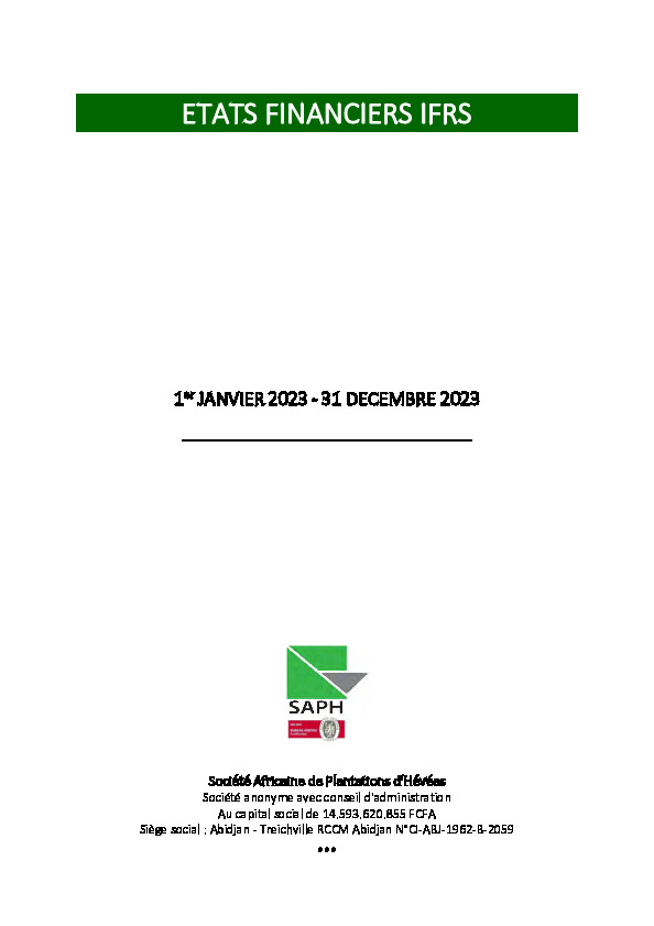 Etats financiers - Exercice 2023 - SYSCOHADA - SAPH CI ; - Abidjan.net Documents