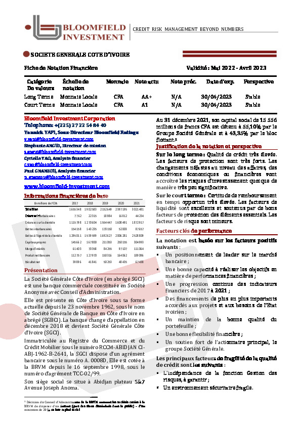Notation financière - SOCIETE GENERALE CI - Abidjan.net Documents