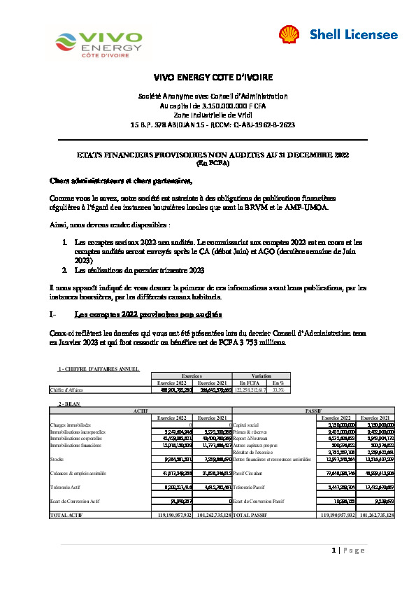 Etats financiers Exercice 2022 et rapport d'activité au 1er trimestre 2023 - VIVO ENERGY CI ...