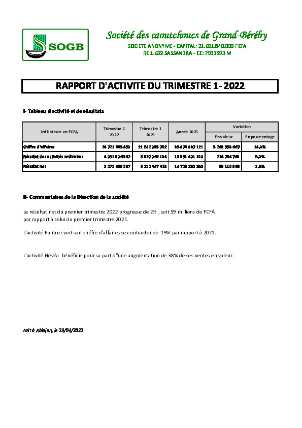 Rapport d'activité - 1er Trimestre exercice 2022 - SOGB CI - Abidjan.net Documents