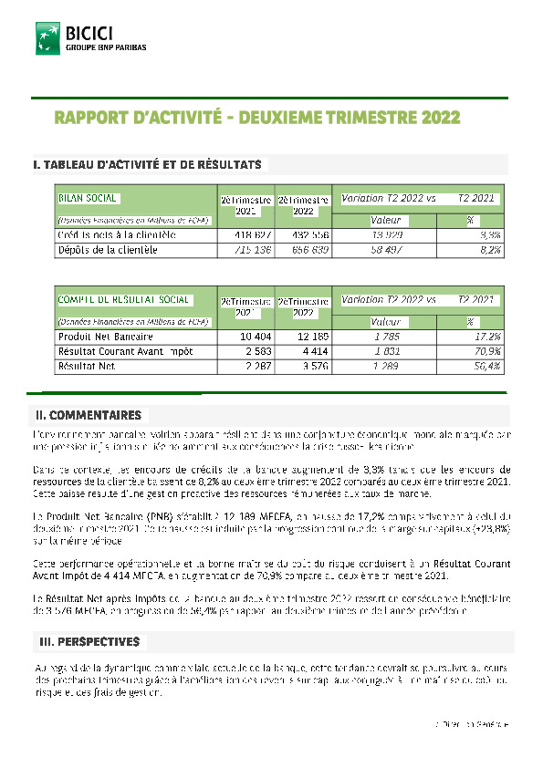 Rapport d'activité - 2ème trimestre 2022 - BICICI - Abidjan.net Documents