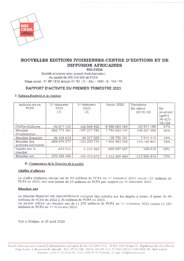 Rapport d'activité - 1er trimestre 2023 - NEI-CEDA CI - Abidjan.net Documents