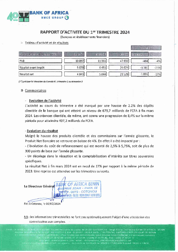 Rapport d'activités - 1er trimestre 2024 - BOA BENIN - Abidjan.net Documents