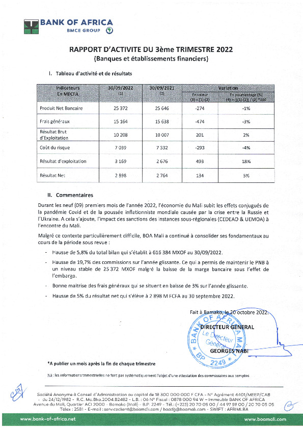 Rapport d'activité - 3ème trimestre 2022 - BOA MALI - Abidjan.net Documents