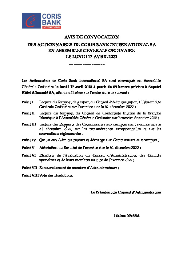 Avis de convocation - Assemblée Générale Ordinaire - CORIS BANK INTERNATIONAL - Abidjan.net ...