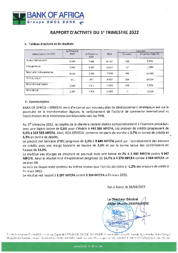Rapport d'activité 1er trimestre 2022 – BOA SENEGAL - Abidjan.net Documents