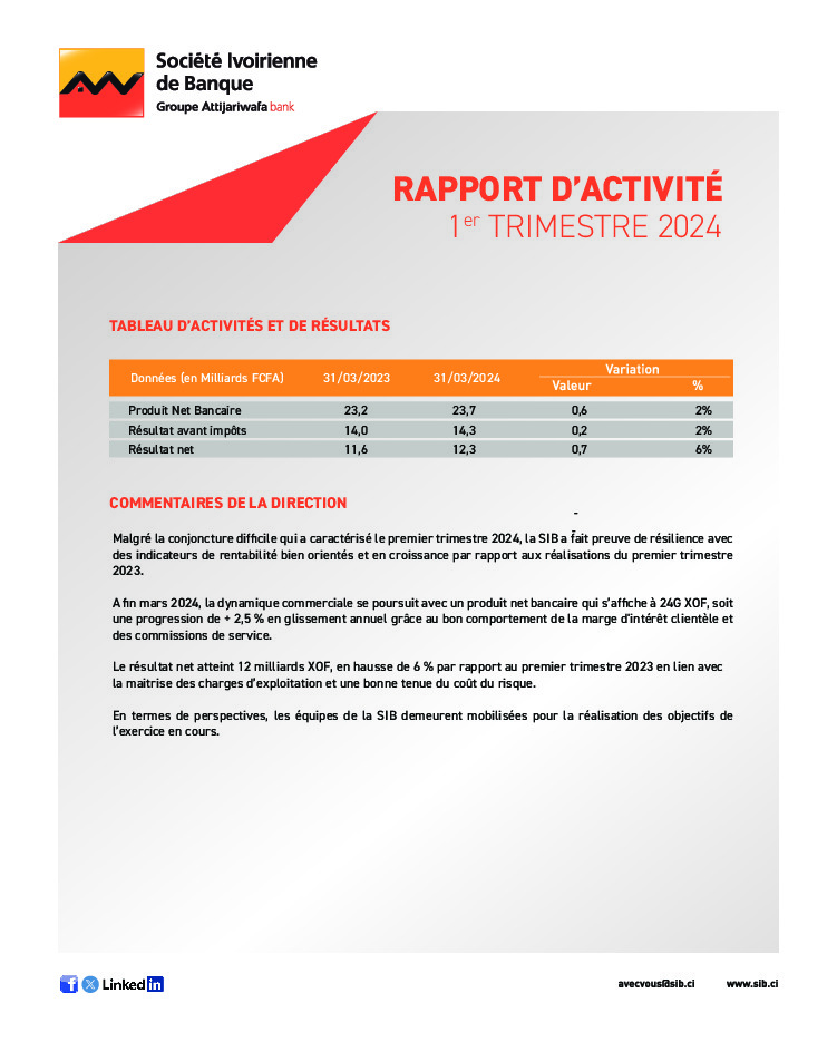 Rapport d'activités - 1er trimestre 2024 - SIB CI - Abidjan.net Documents