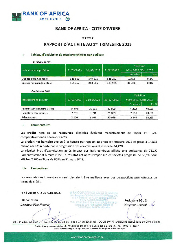 Rapport d'activité - 1er trimestre 2023 - BOA CI - Abidjan.net Documents