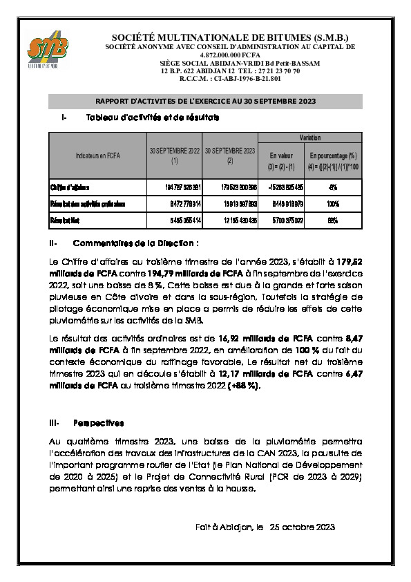 Rapport d'activités - 3ème trimestre 2023 - SMB CI - Abidjan.net Documents