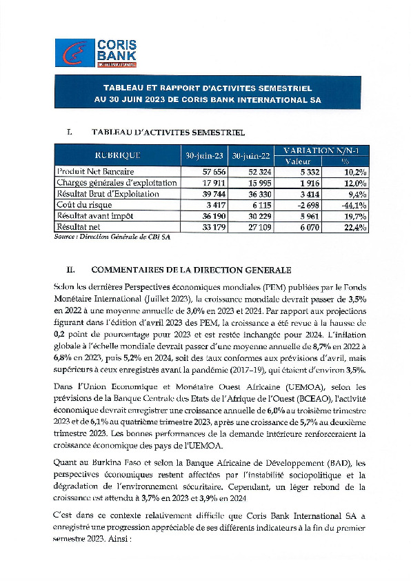 Rapport d'activités - 1er Semestre 2023 - CORIS BANK INTERNATIONAL - Abidjan.net Documents