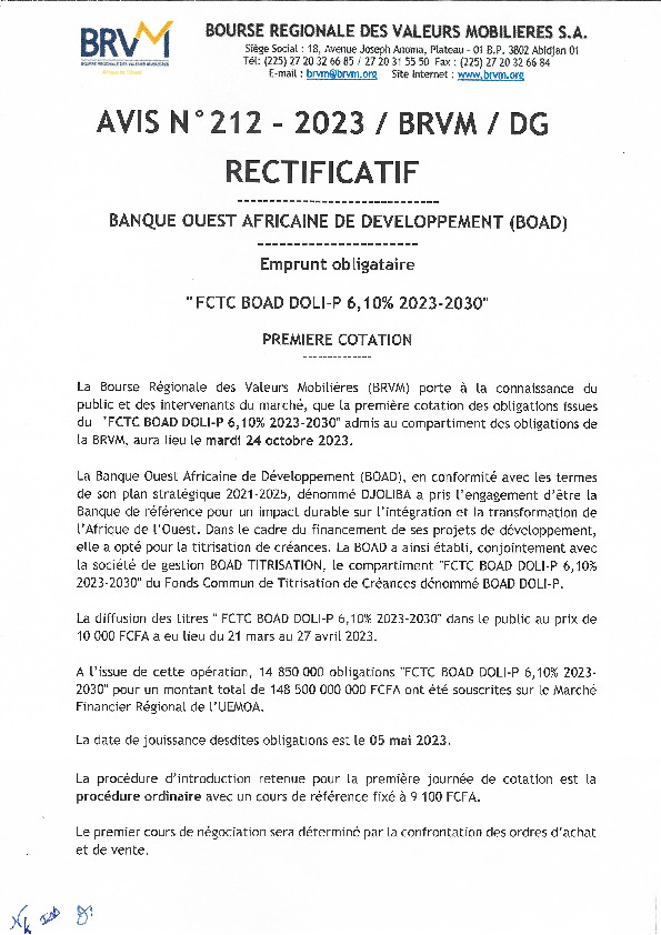 Avis N°212/BRVM/2023 – Première cotation - FCTC BOAD DOLI-P 6,10% 2023-2030 – RECTIFICATIF ...