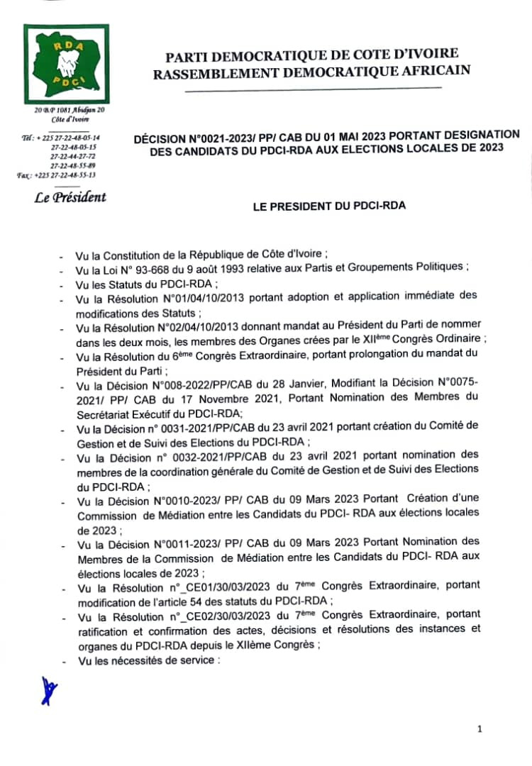 Municipales et régionales : la liste des candidats du PDCI-RDA ...
