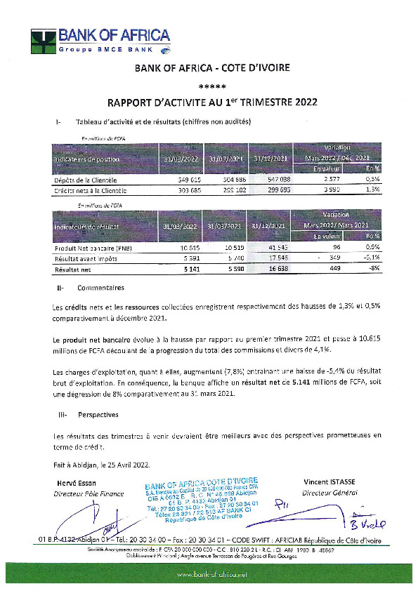 Rapport d'activité 1er trimestre 2022 – BOA CI - Abidjan.net Documents
