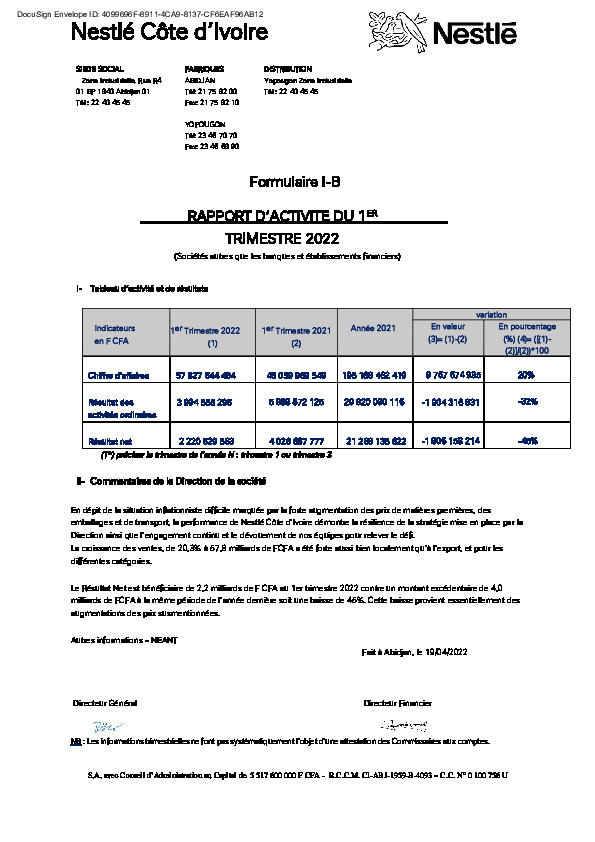 Rapport d'activité - 1er trimestre 2022 - NESTLE CI - Abidjan.net Documents