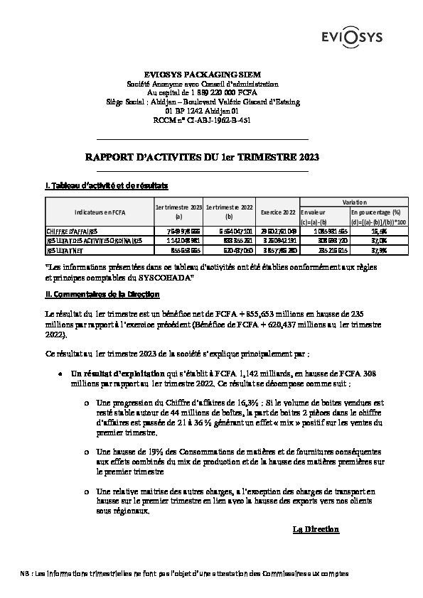 Rapport d'activités - 1er trimestre 2023 - CROWN SIEM CI - Abidjan.net Documents