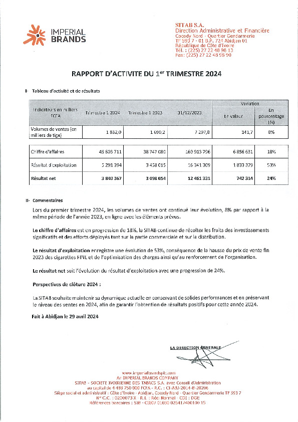 Rapport d'activités - 1er trimestre 2024 - SITAB CI ; - Abidjan.net Documents