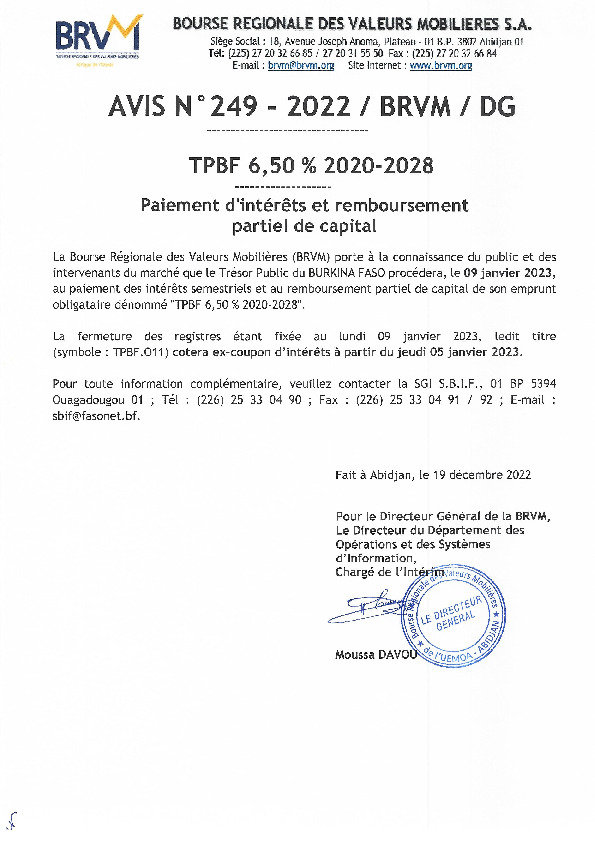 Avis N°249/BRVM/2022 – Paiement d'intérêts et remboursement partiel de ...