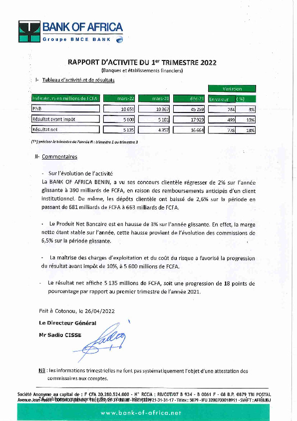 Rapport d'activité 1er trimestre 2022 – BOA BENIN - Abidjan.net Documents