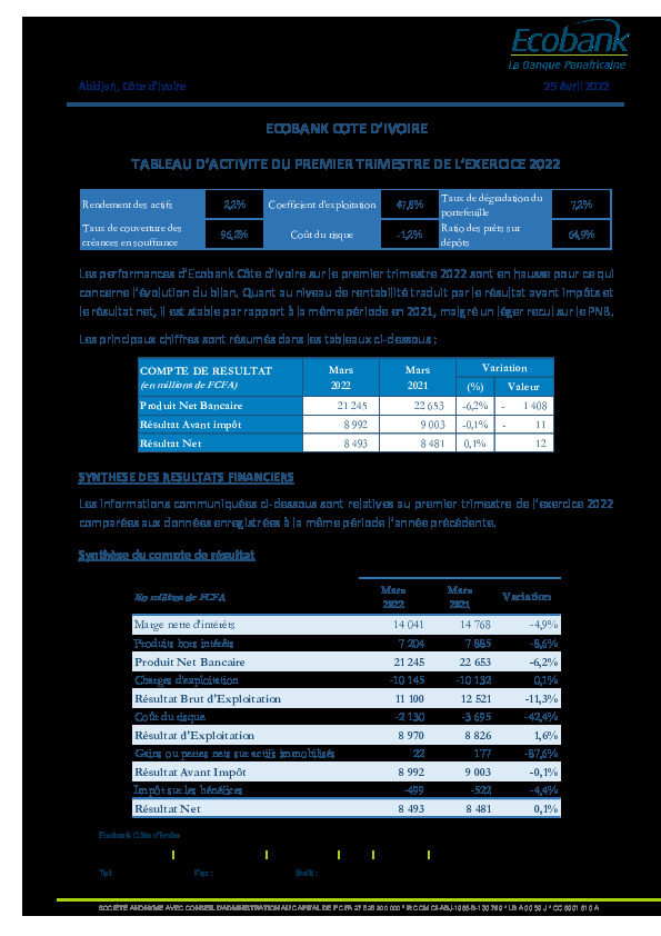Rapport d'activité 1er trimestre 2022 – ECOBANK CI - Abidjan.net Documents